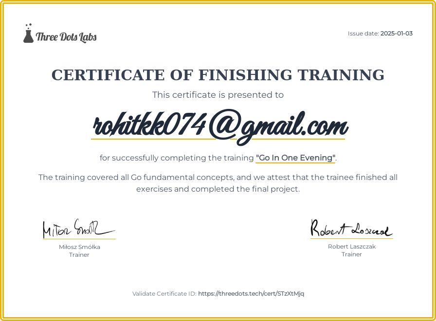Certificate of finishing Go In One Evening