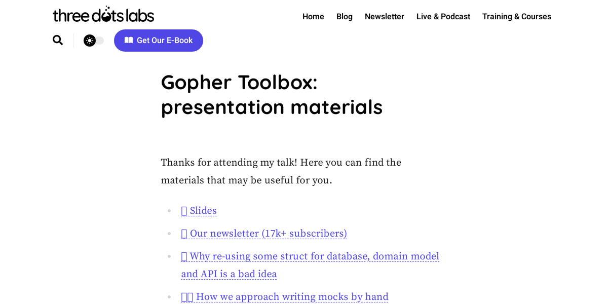 Gopher Toolbox: presentation materials | Three Dots Labs blog